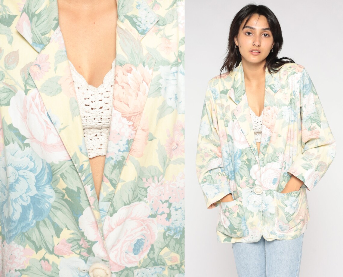 90s Floral Blazer Boho Summer Jacket Deep V Button up - Etsy