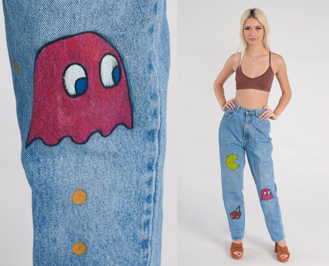 90s Pac-man Jeans Vintage Tapered Jeans Mom Hand Painted High - Etsy