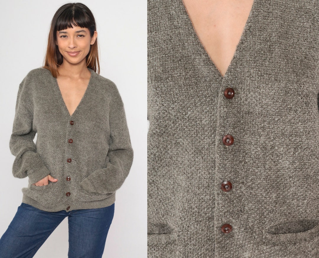 70s Mohair Blend Cardigan Grey Button up Knit Sweater Retro Plain V ...