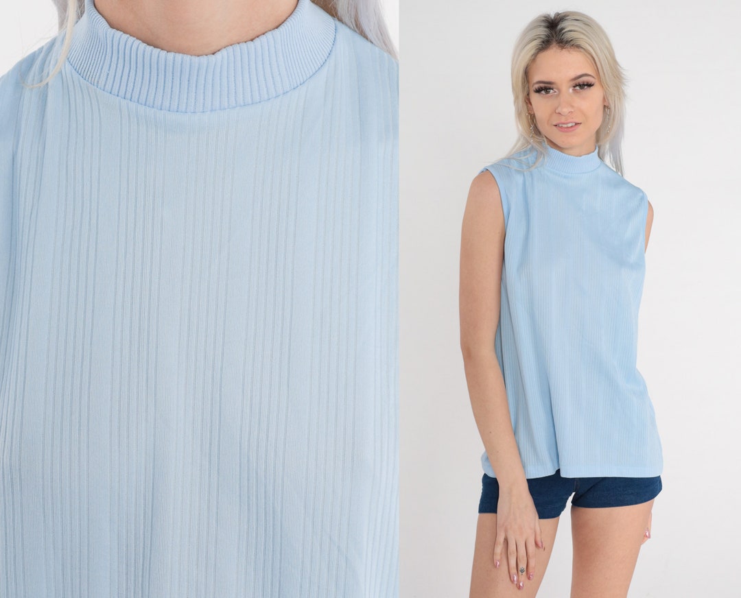 Powder Blue Tank Top 70s Mock Neck Top Ribbed Sleeveless Shirt Retro ...