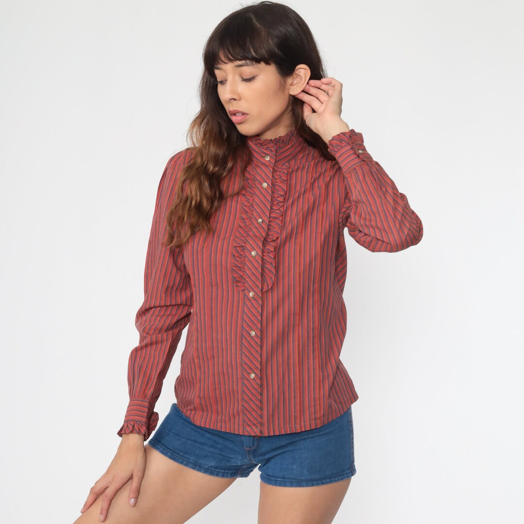 PUFF Sleeve Blouse 80s Ruffle Shirt Orange Red Striped Tuxedo Shirt ...