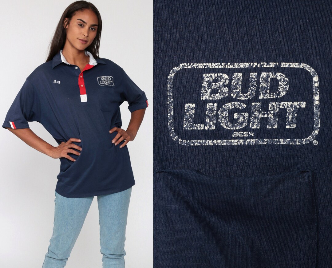 Bud Light Shirt Budweiser Uniform Polo Shirt 80s Work Wear Navy Blue ...