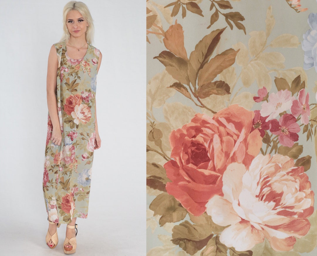 Floral Maxi Dress 90s Sundress Green Rose Flower Print Day Dress ...