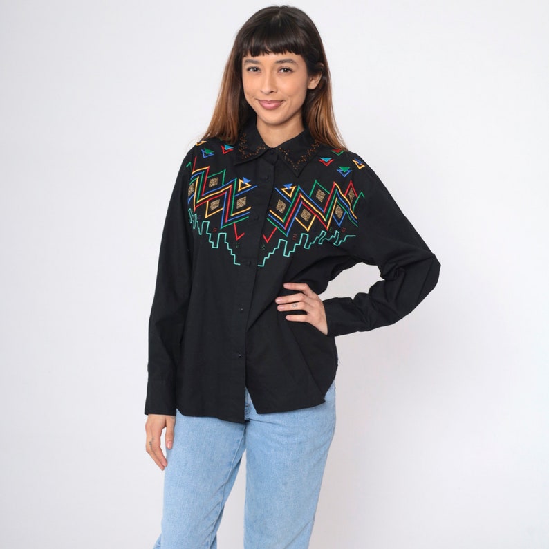 90s Beaded Southwest Shirt Black Embroidered Blouse Aztec Western ...