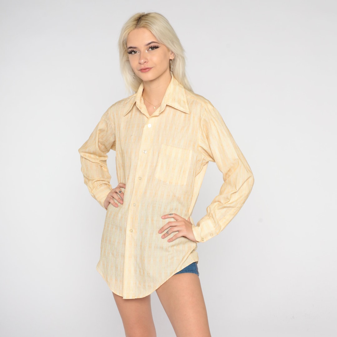 70s Button up Shirt Yellow Geometric Striped Disco Top Retro Pointed ...