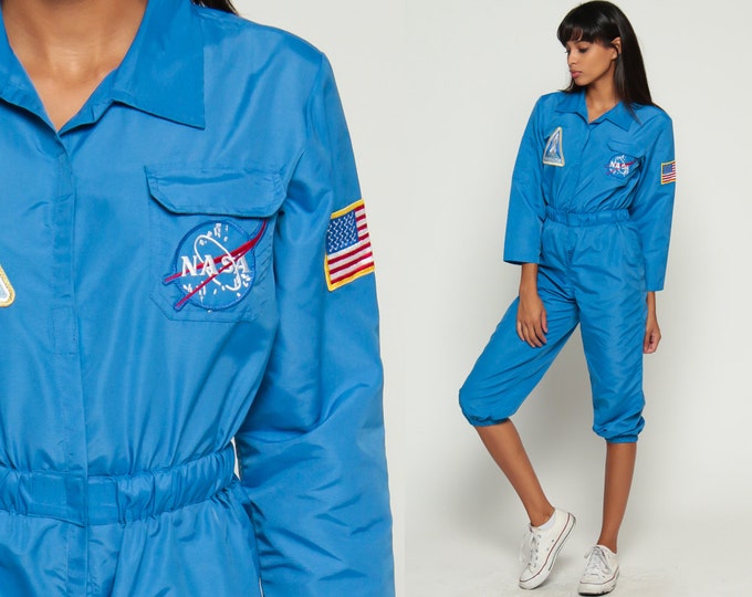 Astronaut Costume NASA Jumpsuit Pants Shiny Blue Space Shuttle Patch ...