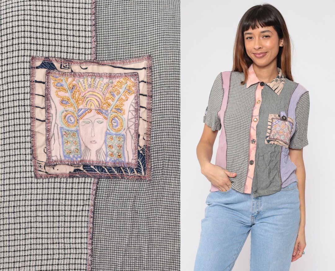 Mixed Print Shirt 90s Button up Top Beaded Floral Embroidered Goddess ...