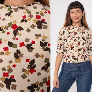 70s Crop Top Abstract Floral Blouse Cropped Shirt Cream Flower Print 3/ ...