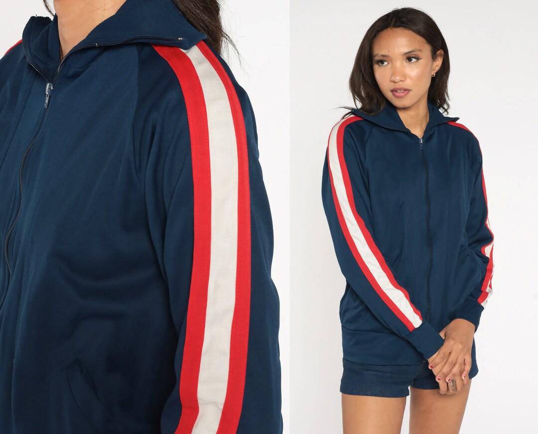 Navy Blue Track Jacket 80s Zip up Jacket Red White Striped - Etsy
