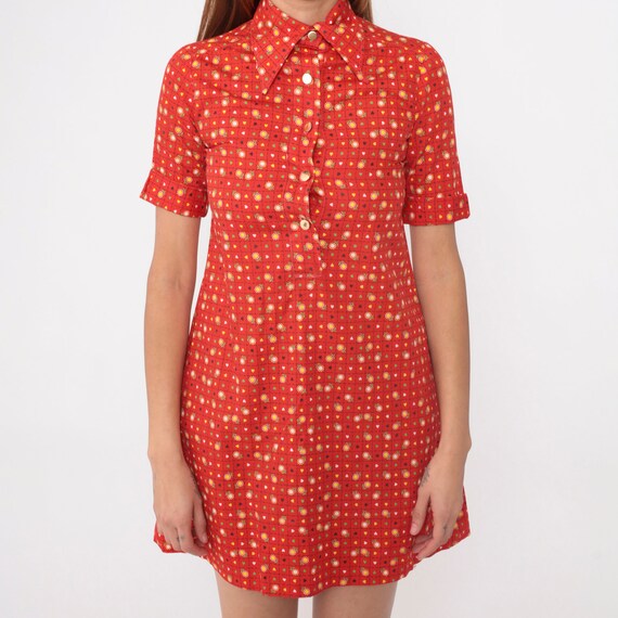 70s Mini Dress Red Ditsy Heart Flower Print Shift Mod… - Gem