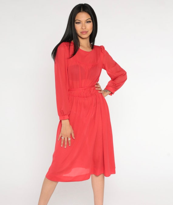 Sheer Red Dress 70s Midi Dress Boho PUFF SLEEVE Dress… - Gem