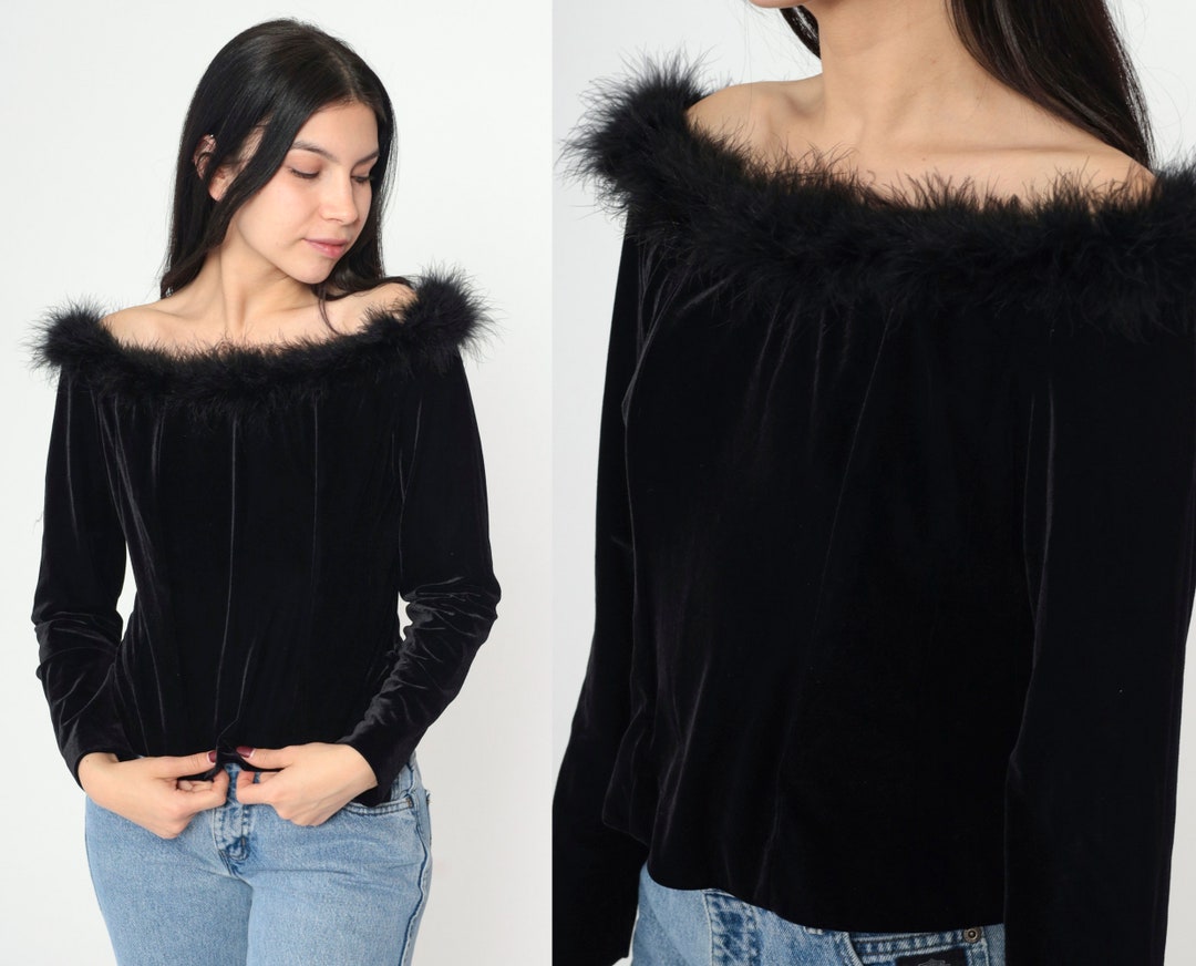 Feather Velvet Top 90s Black Velvet Party Blouse off Shoulder Gothic ...