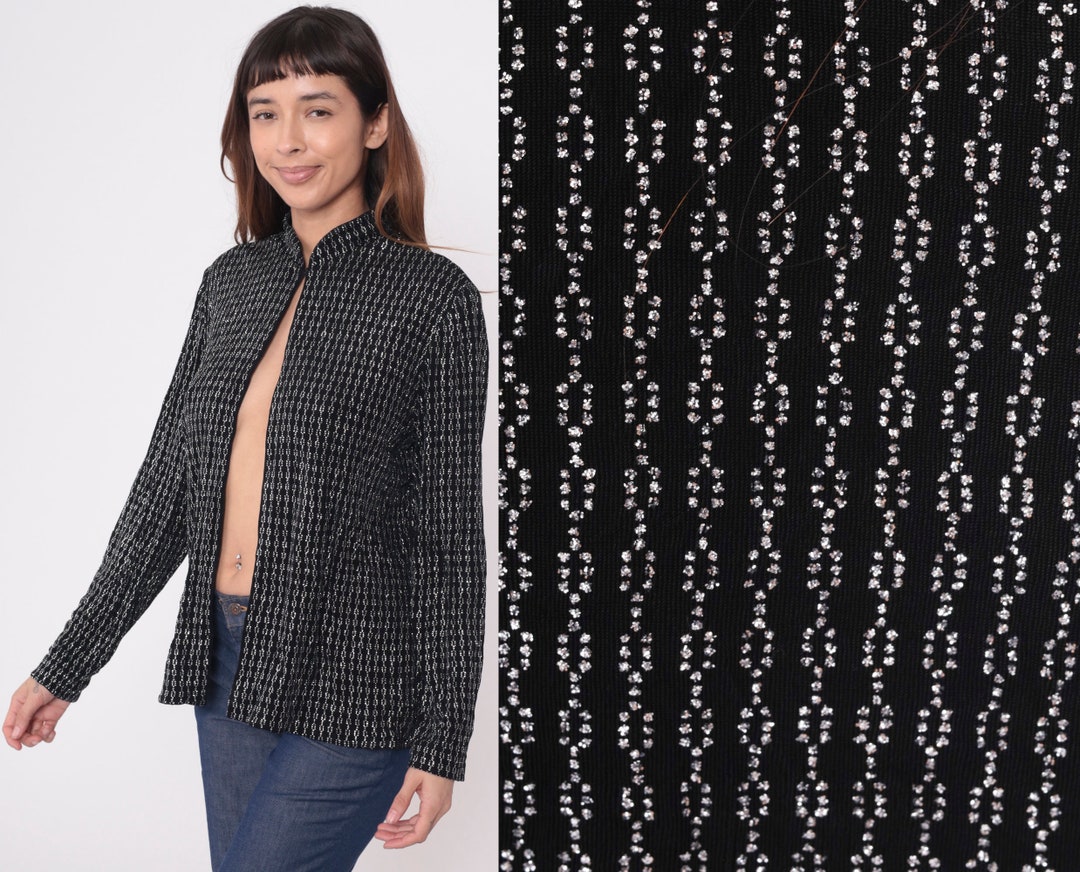Black Metallic Jacket 80s Disco Party Cocktail Silver Mandarin Collar ...