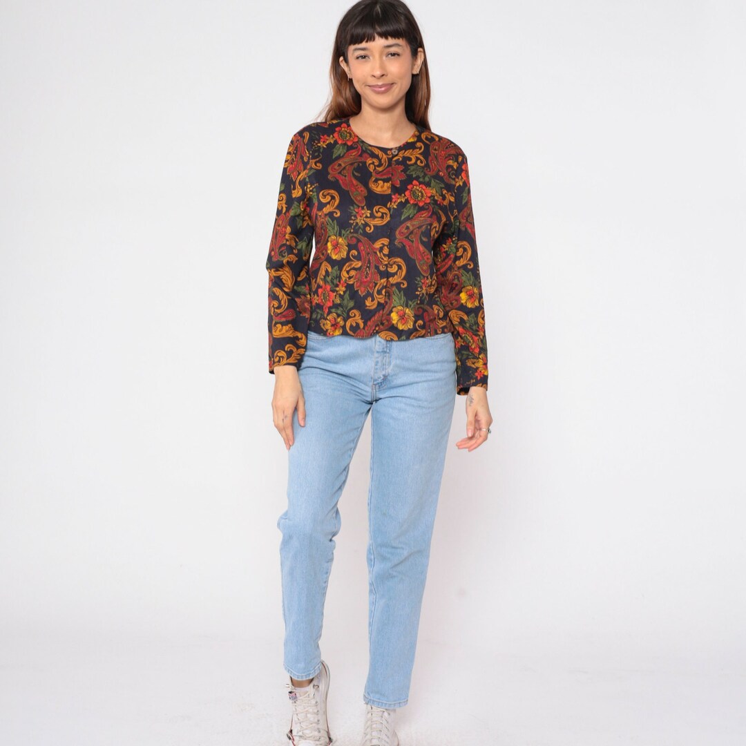 Paisley Floral Blouse 90s Black Hidden Button up Shirt Gold Baroque ...