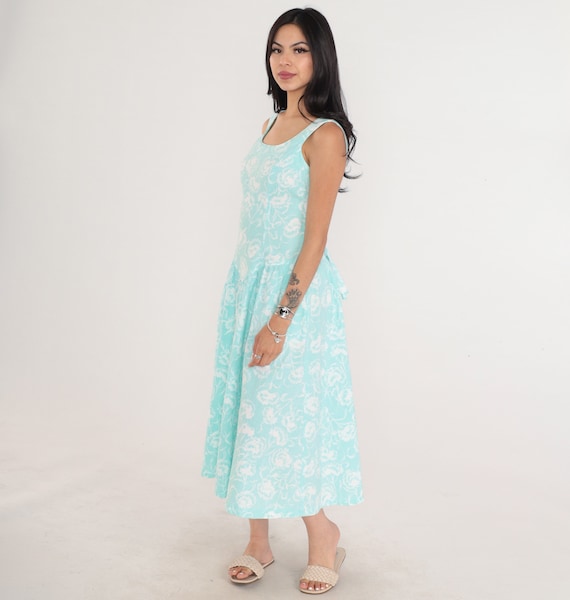 Floral Sundress 80s Light Aqua Blue Midi Dress Retro … - Gem