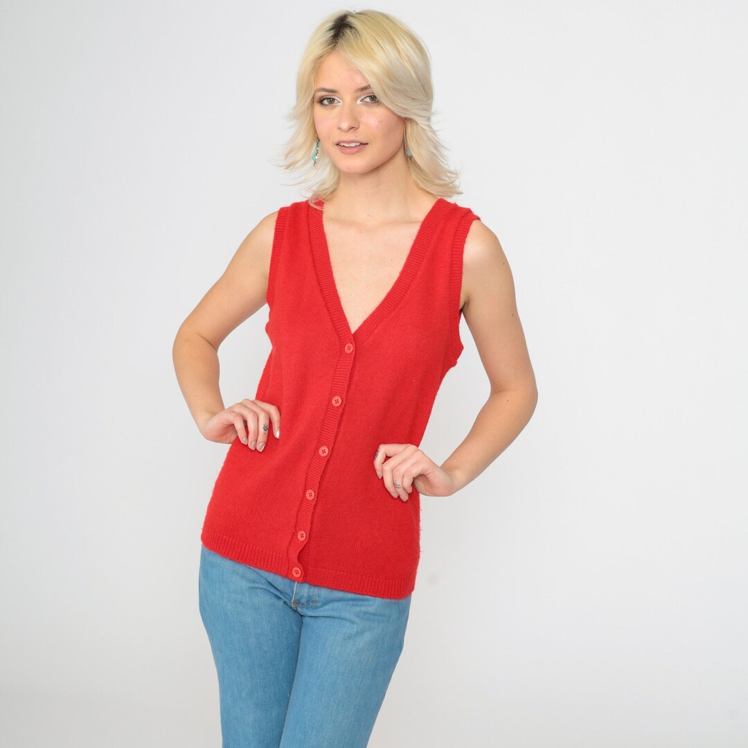 70s Red Knit Vest Top Sleeveless Sweater Vest V Neck Tank Button up ...