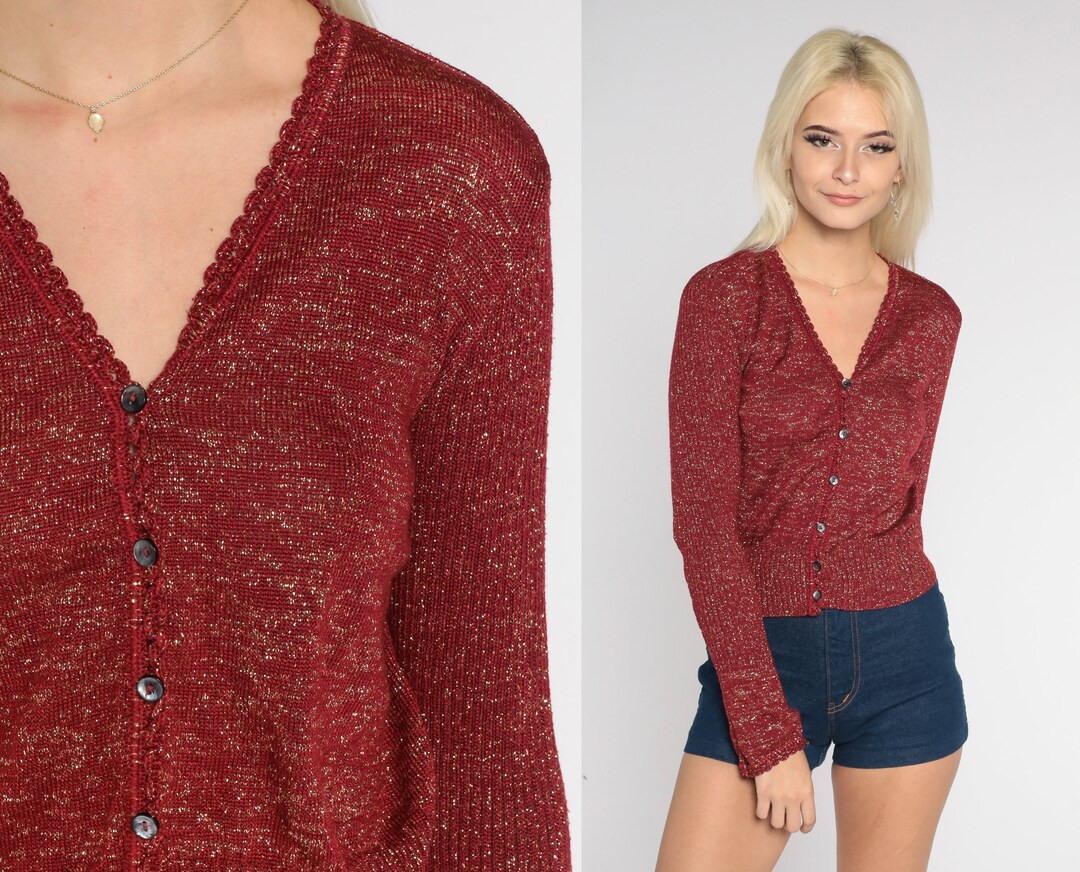 Red Metallic Cardigan 70s Button up Sweater Sparkly Disco V Neck Knit ...