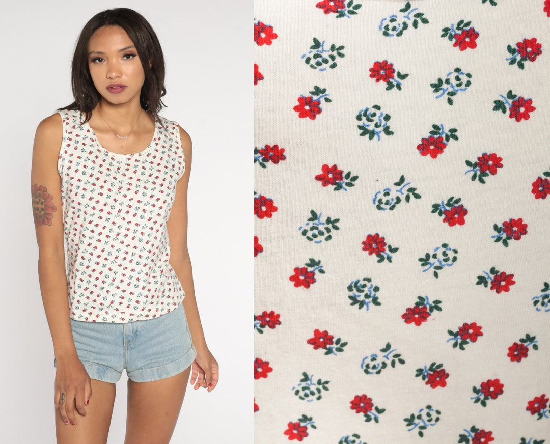 Ditsy Floral Tank Top 90s White Sleeveless T-shirt Flower Print Shirt ...