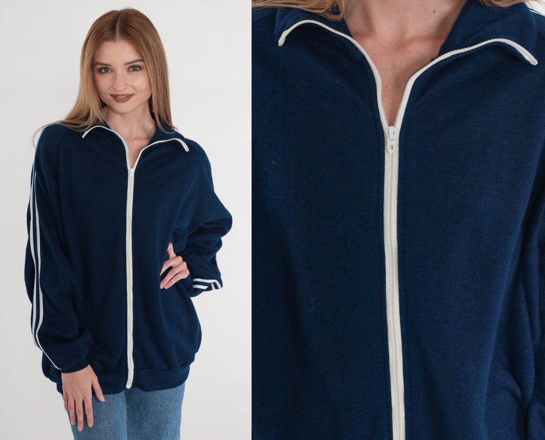 Navy Blue Track Jacket 80s Zip up Sweatshirt Basic Retro Bomber White ...