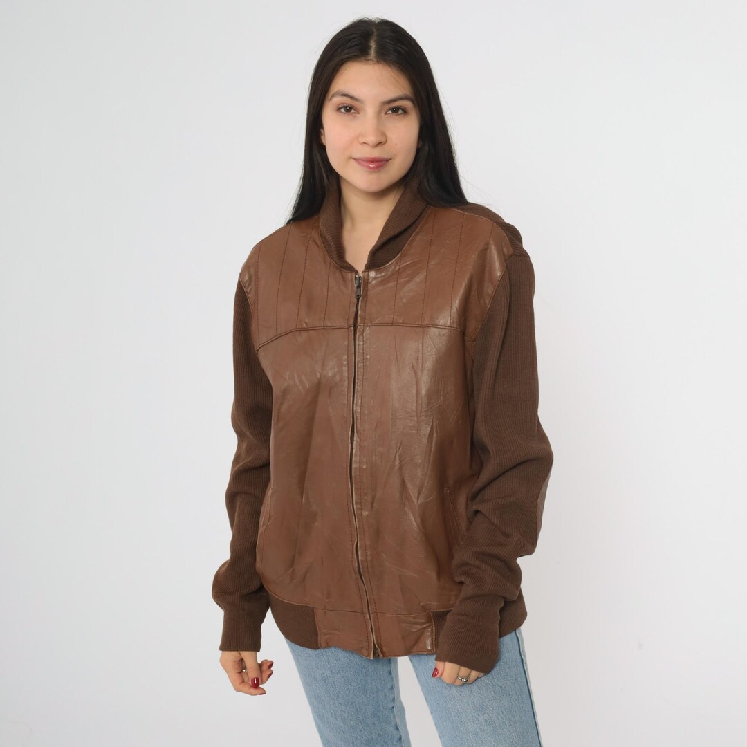 80s Brown Leather Bomber Jacket Torras Wool Knit Sleeves Elbow Patch Zip Front Ribbed Trim Made ...