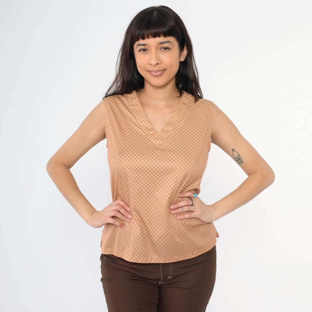 Vintage 70s Polka Dot Tank Top Tan V Neck Blouse Sleeveless Shirt Retro ...