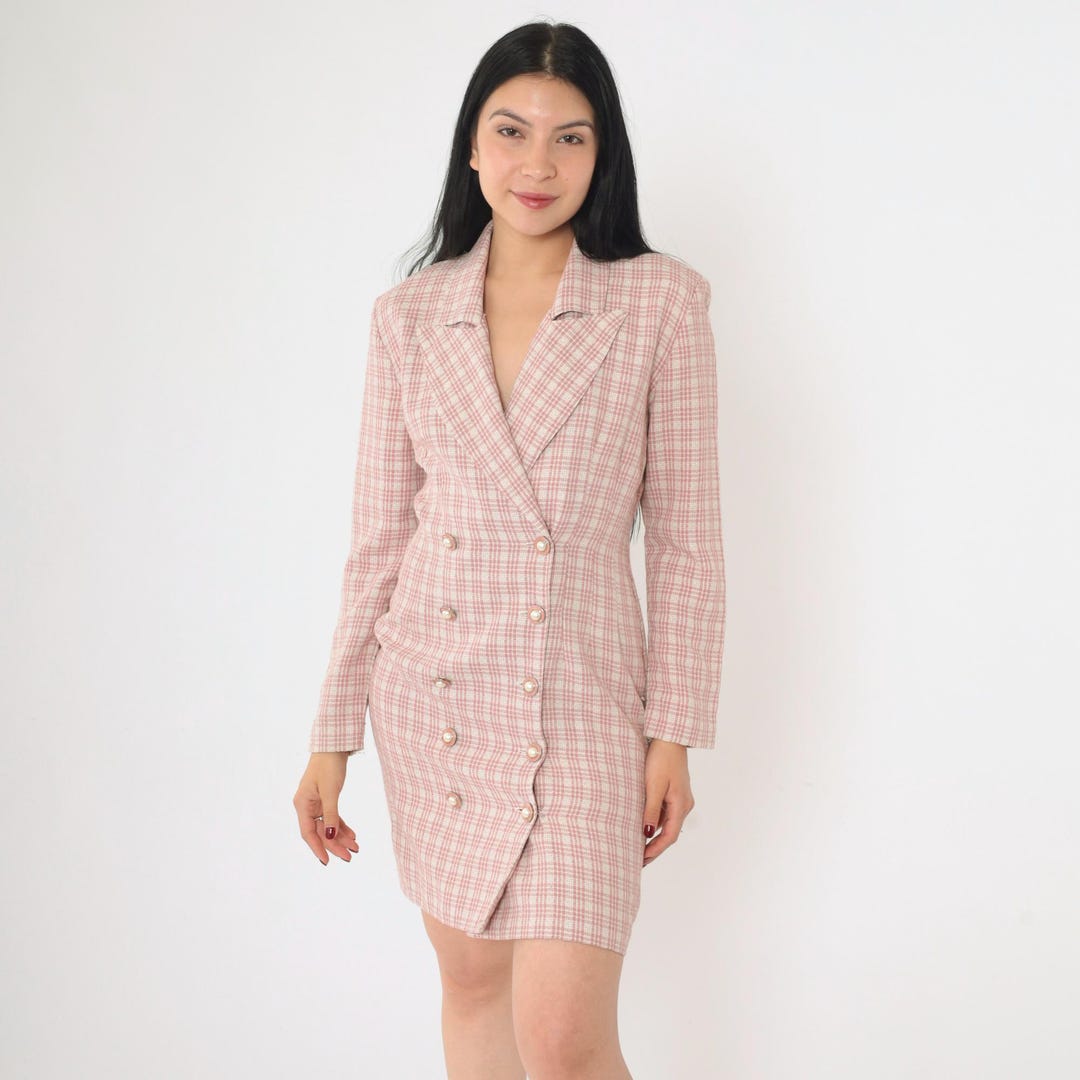 90s Pink Checkered Dress Double-breasted Jacket Dress With Long Sleeves ...
