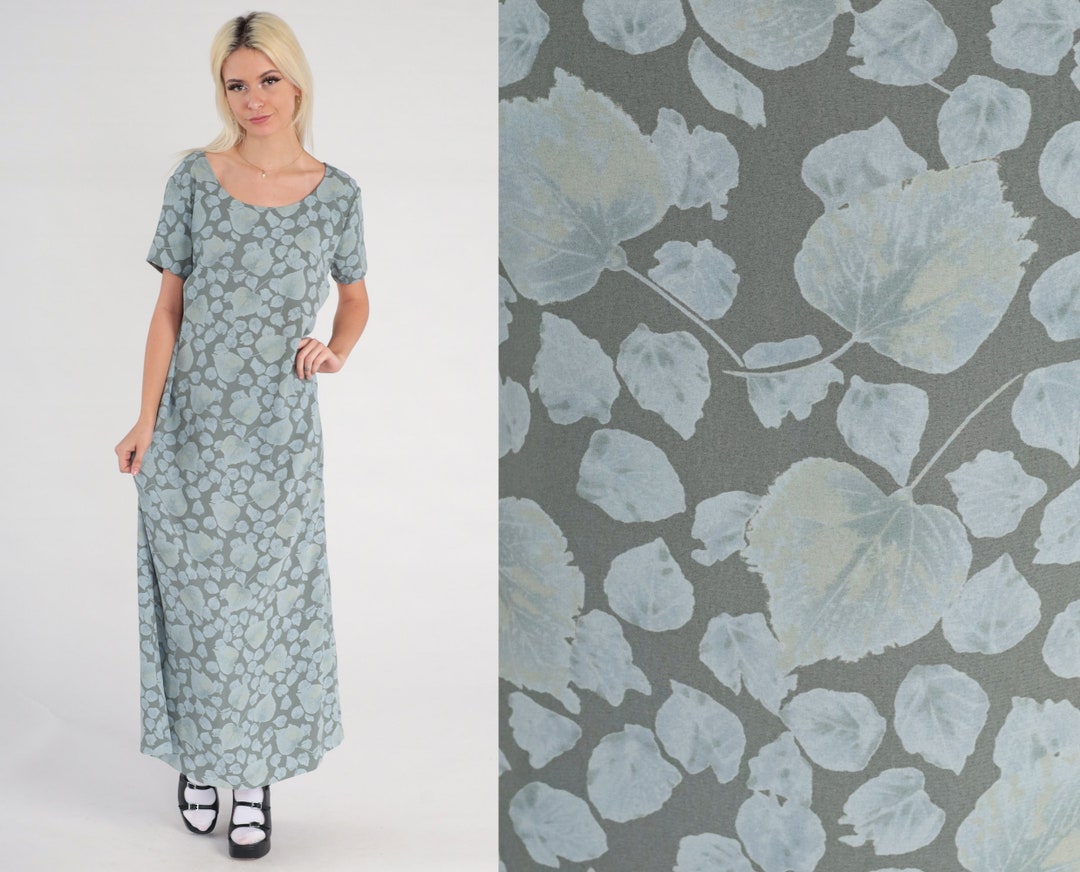 Botanical Maxi Dress Y2K Leaf Print Dress Grey Blue Boho Short Sleeve ...