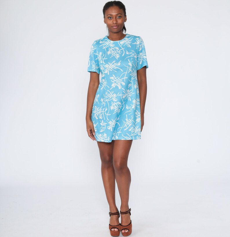 70s Mini Dress Abstract 60s Shift Mod Dress Blue Short Sleeve - Etsy