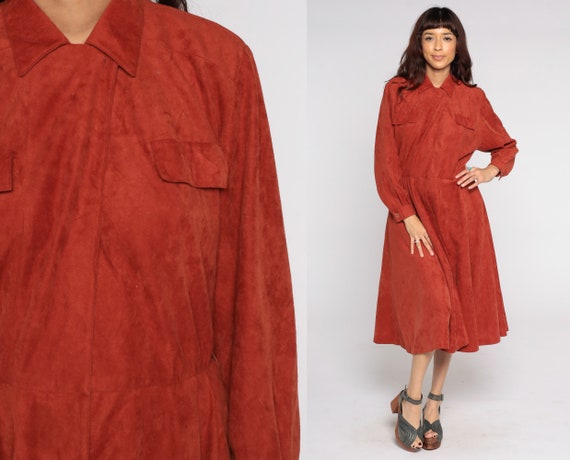 70s Boho Dress Midi FAUX SUEDE Velour Rust Dress High… - Gem