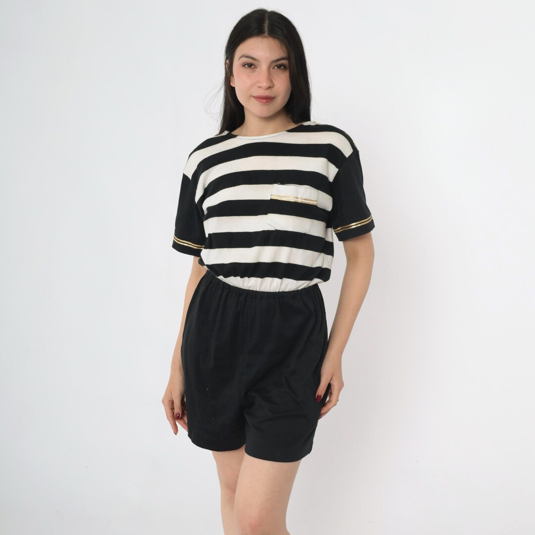 Vintage Black White Striped Romper 80s Gold Trim Nautical Button Back ...