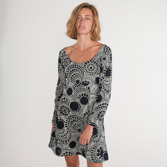 70s Mod Dress Black White Mini Dress Long Sleeve Scoo… - Gem