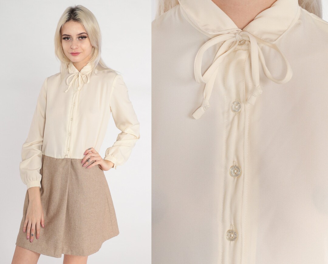 70s Secretary Dress Mini Dress Button up Shift Peter Pan Collar Neck ...