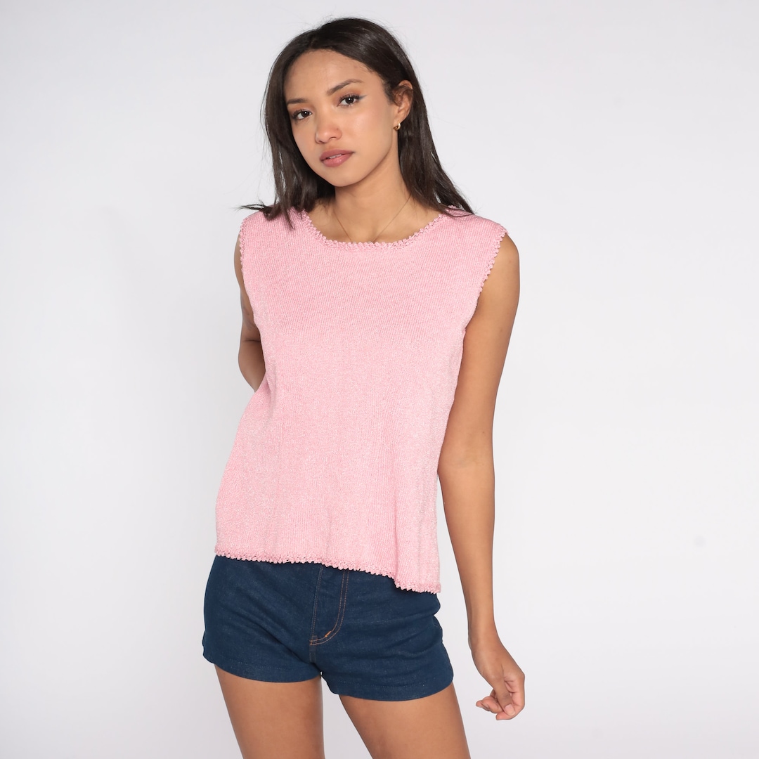 60s Tank Top Pink Knit Blouse Retro Sleeveless Shirt Mod Summer Basic ...