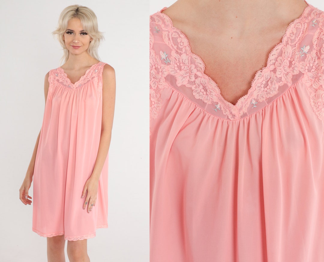 Pink Nightgown Dress 70s Lace Trim Slip Lingerie Floral Embroidered ...