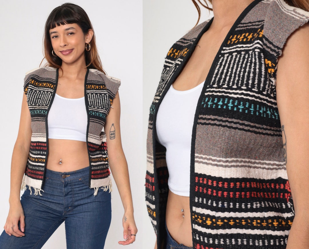 Woven Fringe Vest 80s Mexican Vest Open Front Blanket Vest Tapestry ...