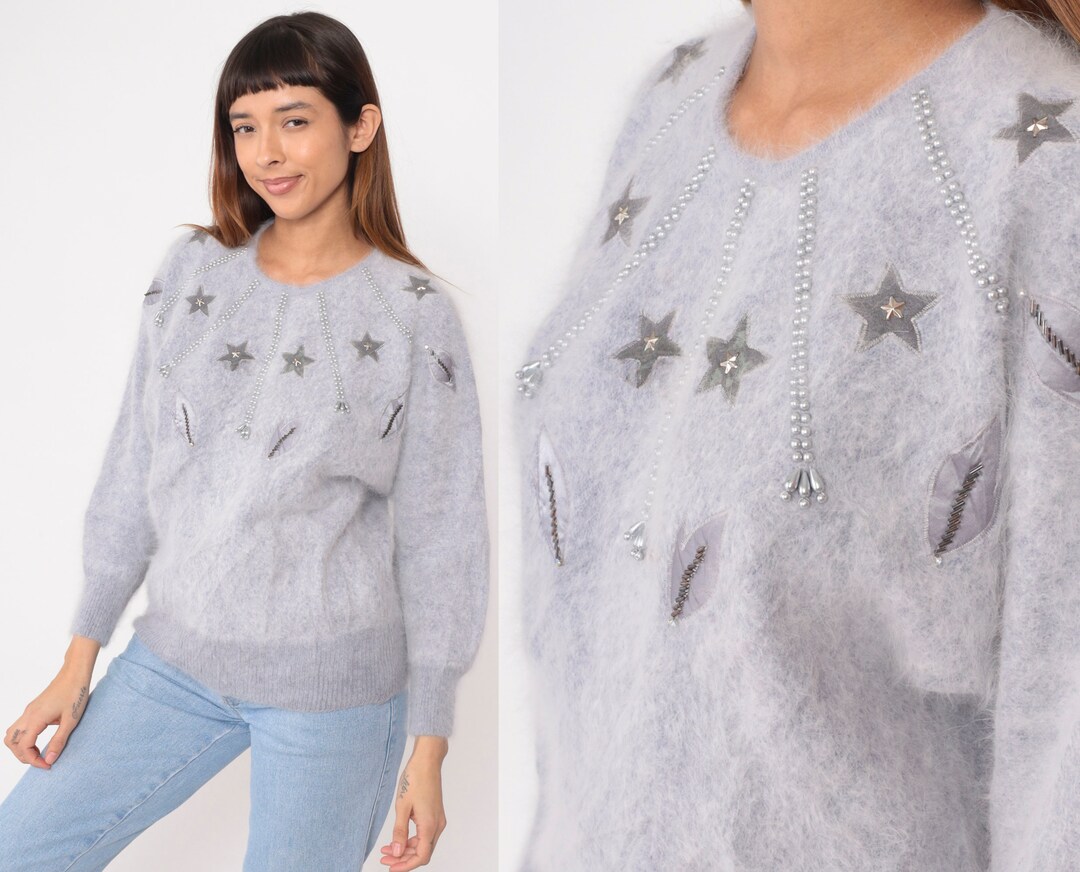 Beaded Star Sweater 80s Fuzzy Muted Periwinkle Knit Pullover Sweater ...