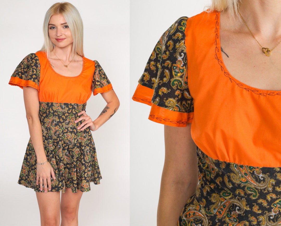 Paisley Babydoll Dress 60s 70s Mini Dress Flutter Sleeve Mini Orange ...