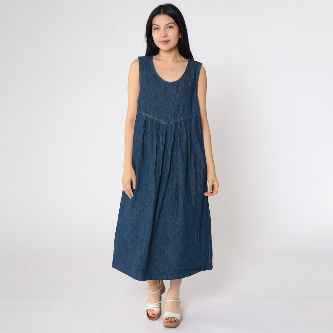 90s Denim Maternity Dress Vintage Jean Jumper Pleated Midi Grunge ...