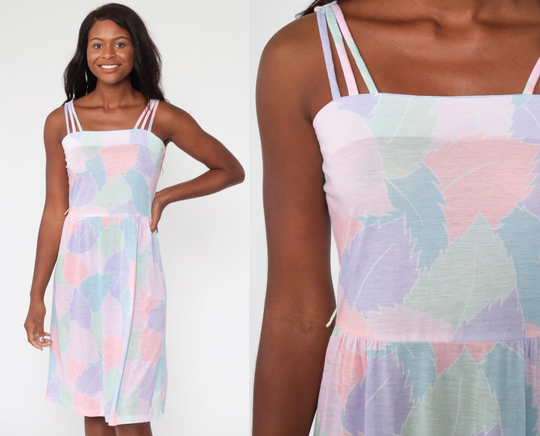 Leaf Sun Dress 70s Midi Sundress Boho Pastel Print High Waist Vintage ...