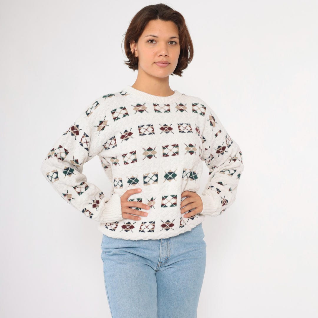Vintage Argyle Sweater 90s Checkered Off-white Pullover Preppy Crewneck ...
