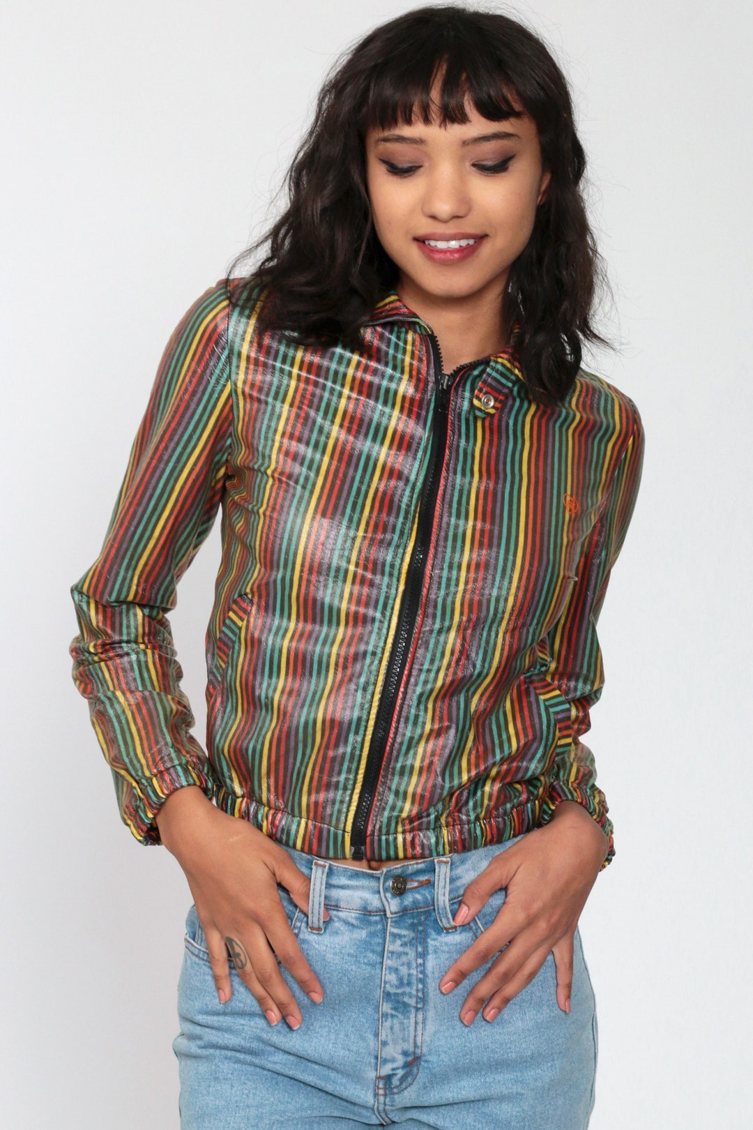 RAINBOW Striped Jacket Cropped Jacket 90s Windbreaker Black Shiny Zip ...