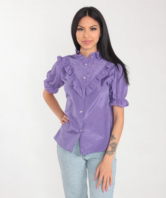 Purple Ruffle Blouse 80s Puff Sleeve Button Up Top Re… - Gem