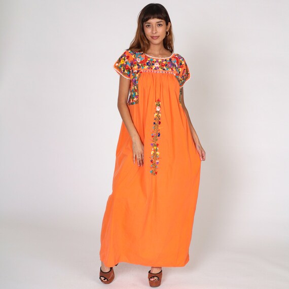 Oaxacan Maxi Dress 70s Mexican Embroidered Dress Oran… - Gem