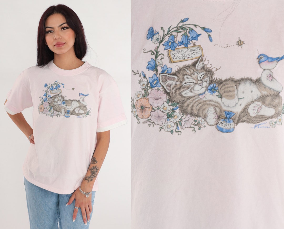 Sleepy Kitten Shirt 90s Cat T-shirt Stop and Smell the Flowers Graphic ...