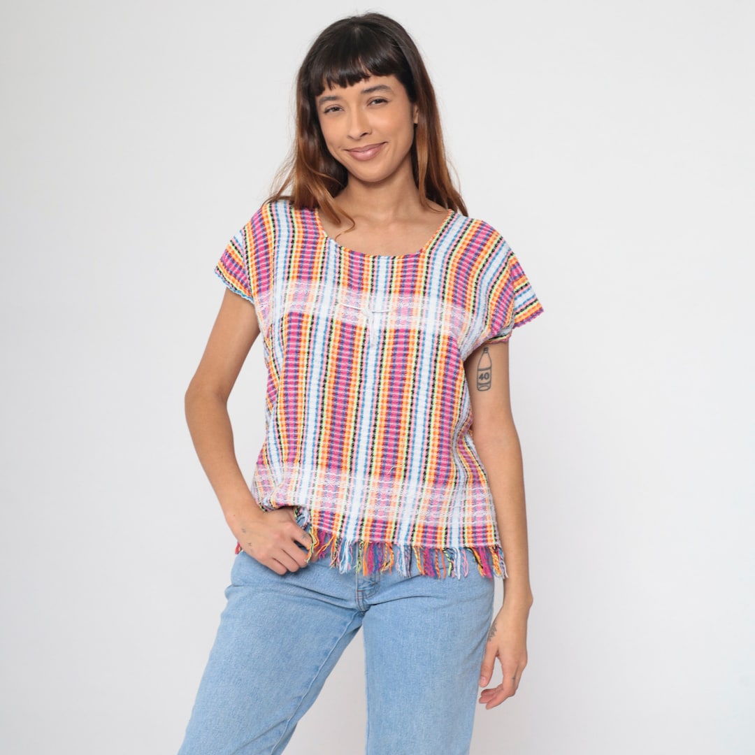 Mexican Fringe Blouse Neon Rainbow Striped Shirt Hot Pink Hippie Top ...