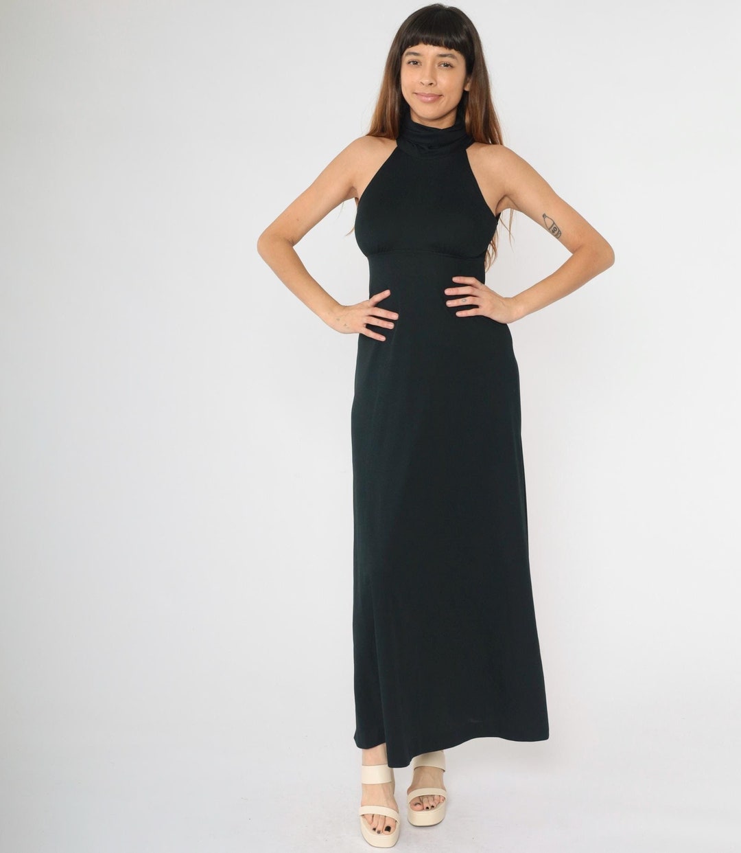 Vintage 70s Black Racerback Dress XS Keyhole Maxi Turtleneck Party ...