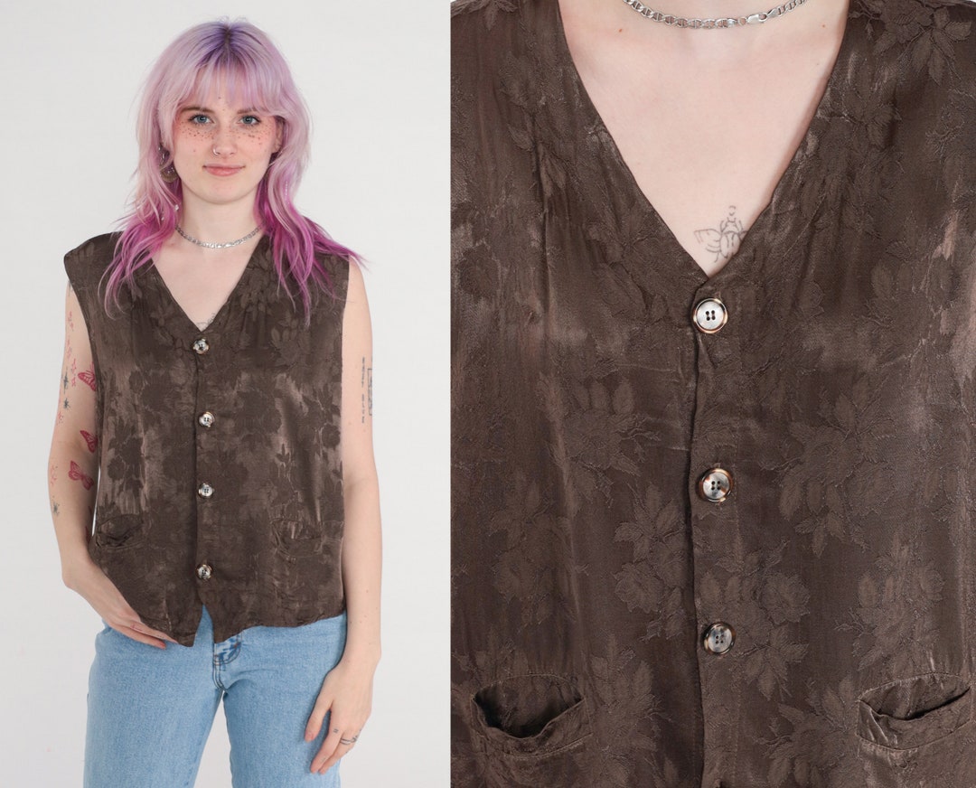 Floral Tank Top 90s Brown Embossed Sleeveless Blouse Button up - Etsy