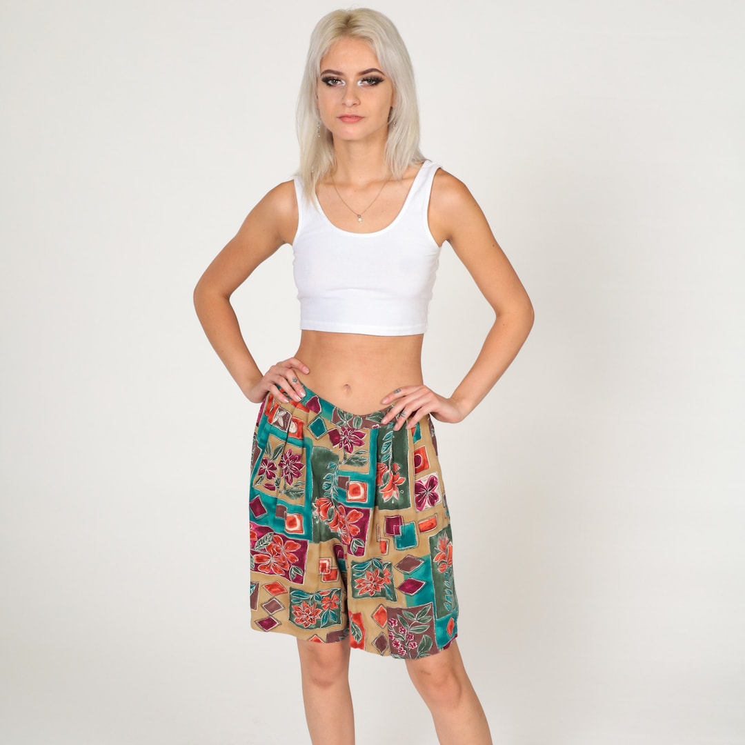 90s Shorts Geometric Floral Print Baggy Pleated Shorts Boho High ...