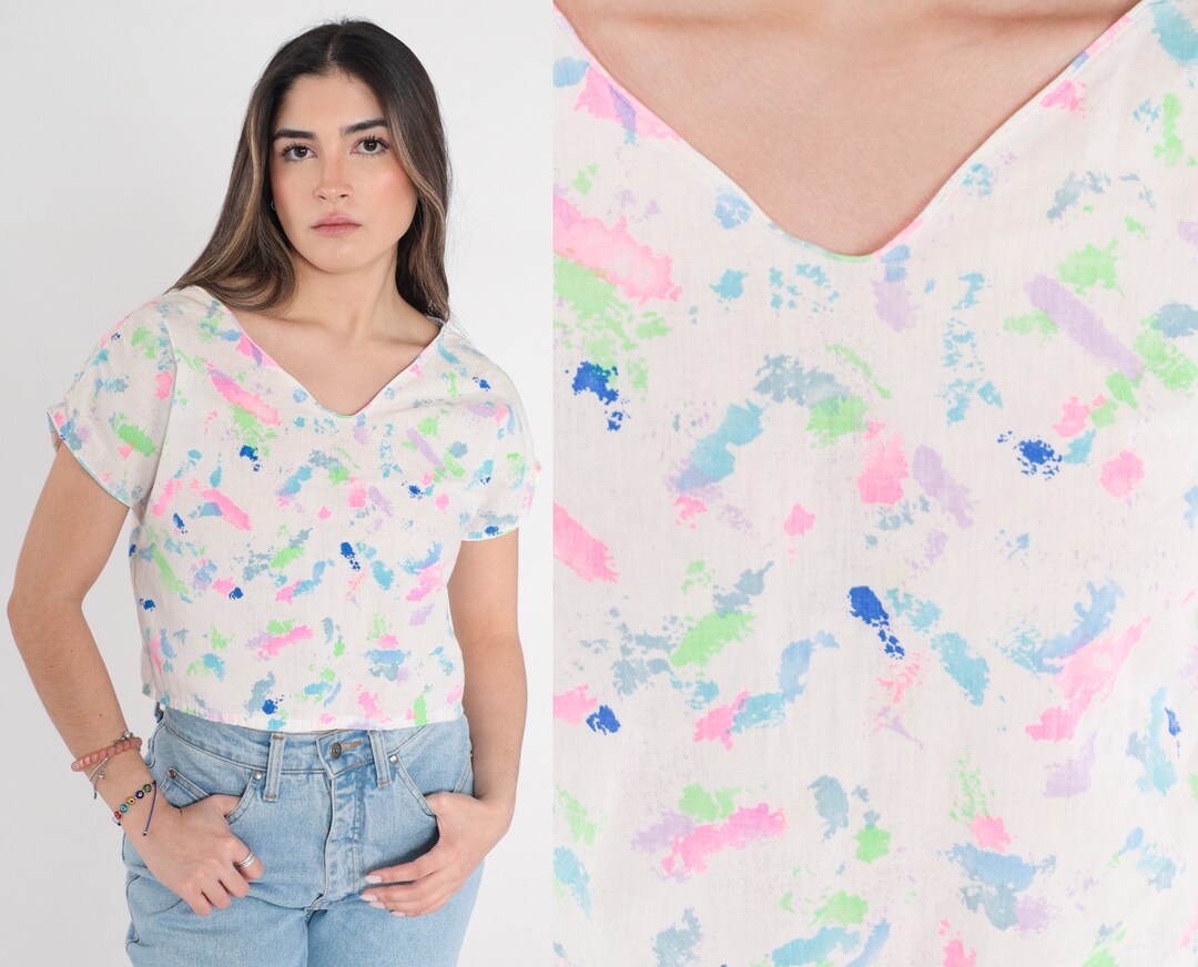 80s Crop Top Neon Paint Splatter Shirt V Neck Summer Cropped Blouse ...