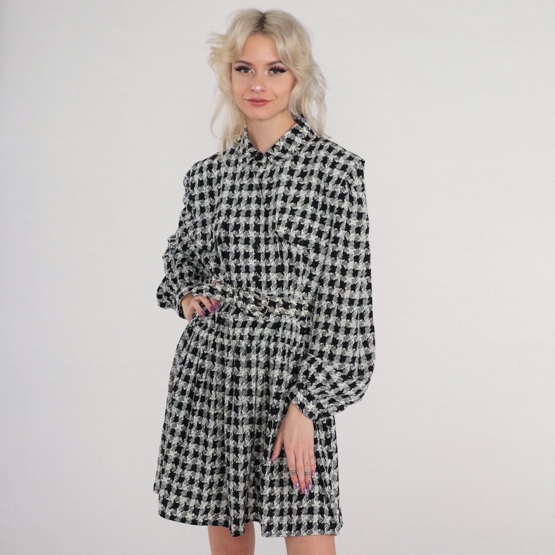 Houndstooth Dress 80s Black White Mini Dress Button up Shirtwaist High ...